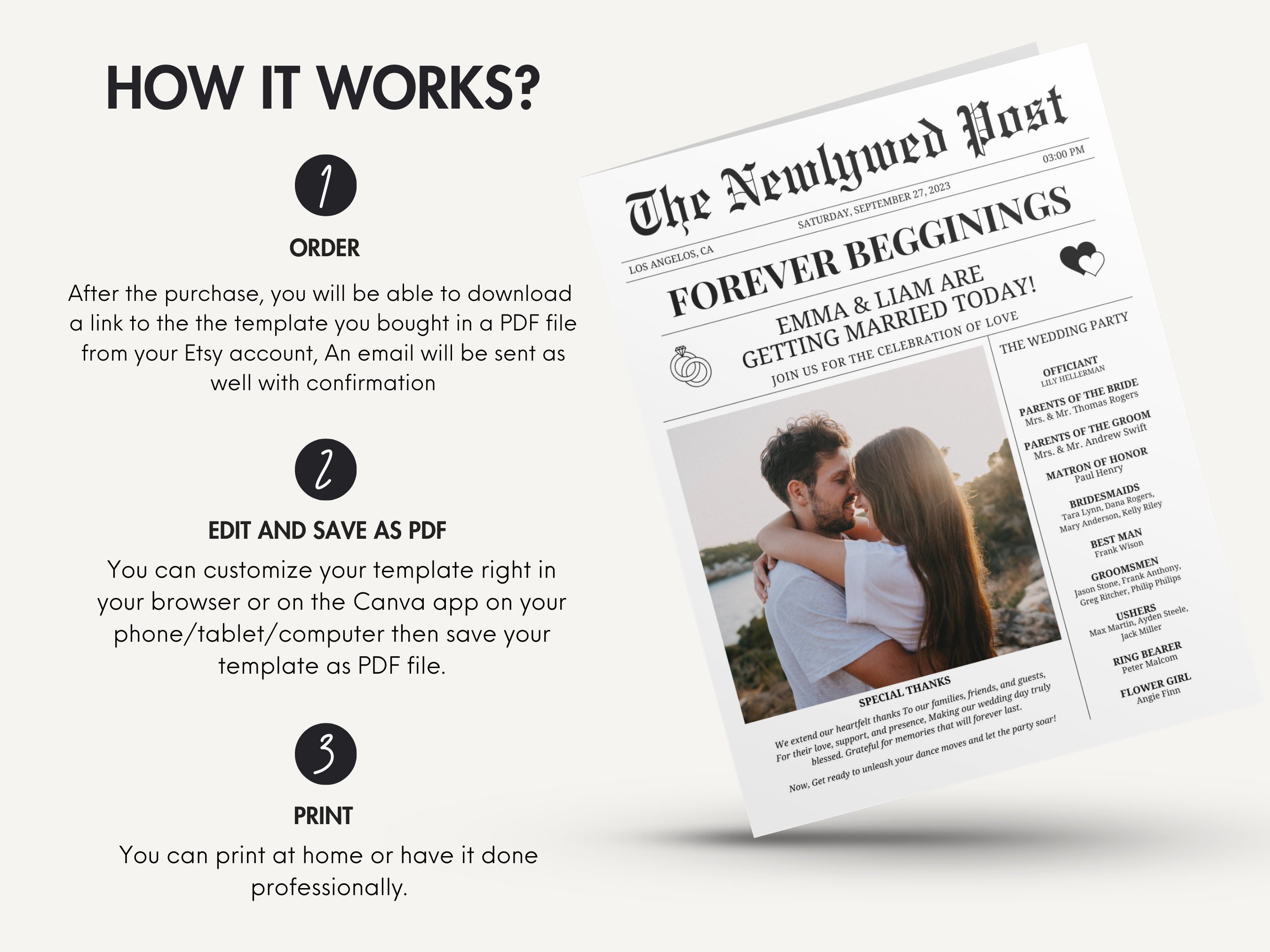 Folded Newspaper Wedding Program Template Canva, Editable Wedding ...
