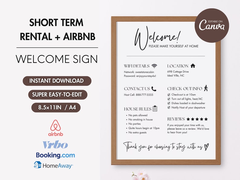 Editable Airbnb Welcome Guide Signage, Welcome Sign for Airbnb Hosts ...