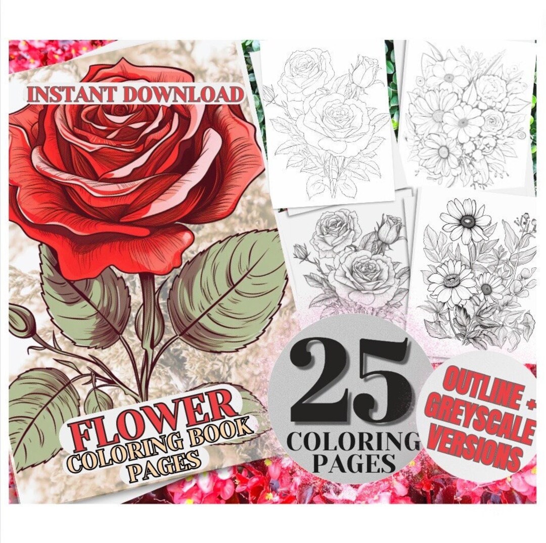 25 Flower Collection Coloring Page, Greyscale and Outline / Instant ...