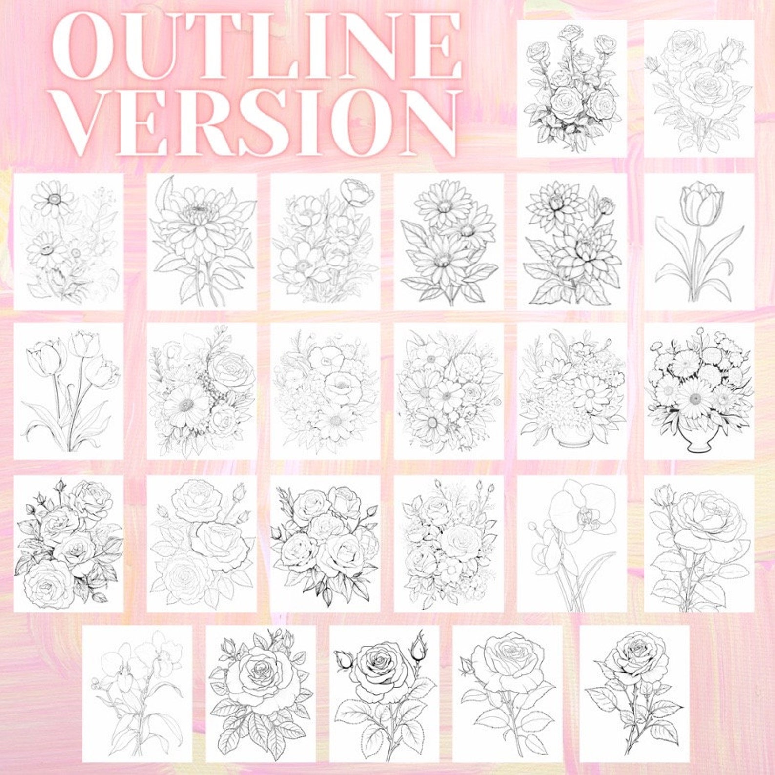 25 Flower Collection Coloring Page, Greyscale and Outline / Instant ...