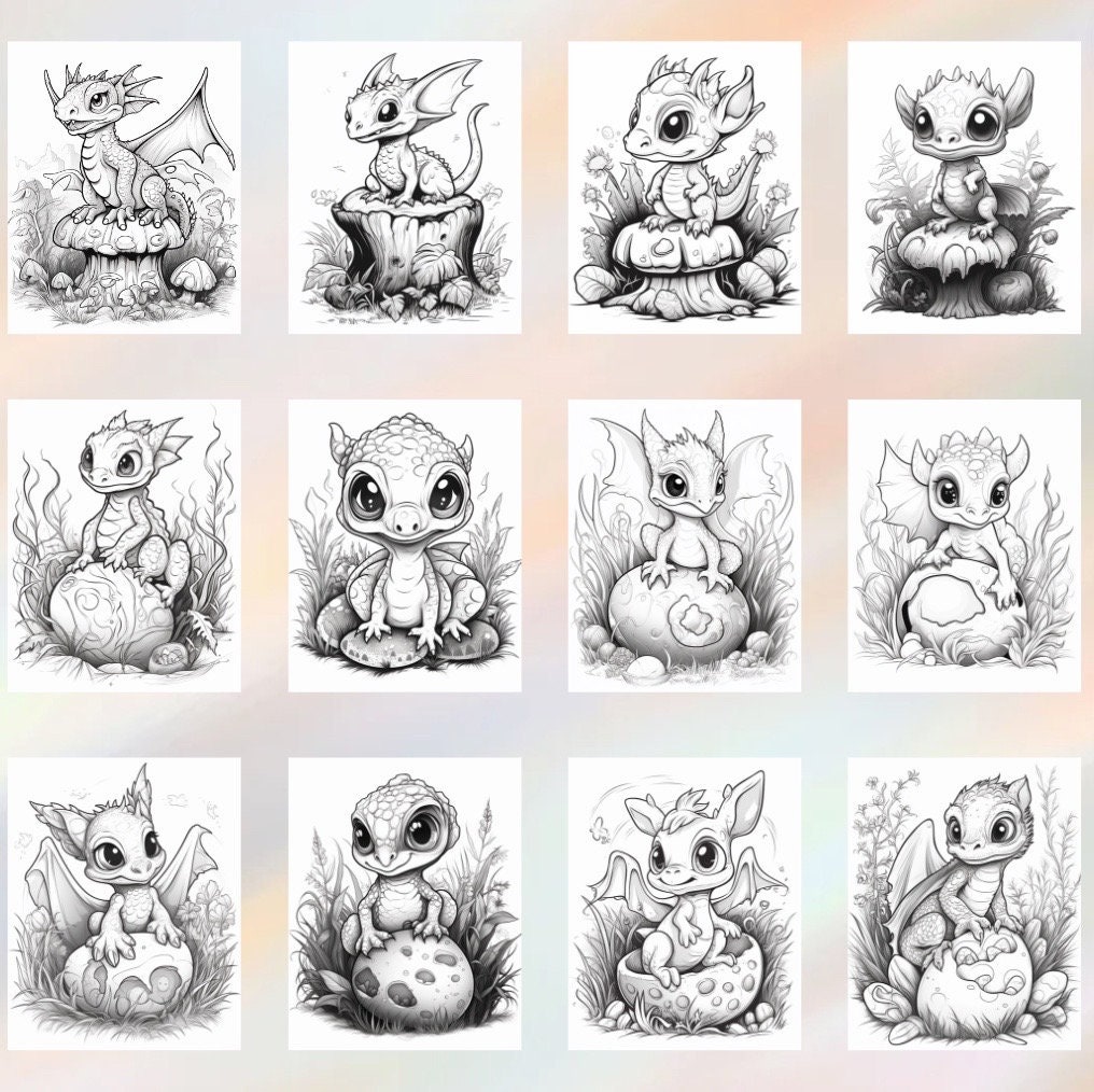 30 Baby Dragon Fantasy Coloring Page Book / Instant Download Grayscale ...