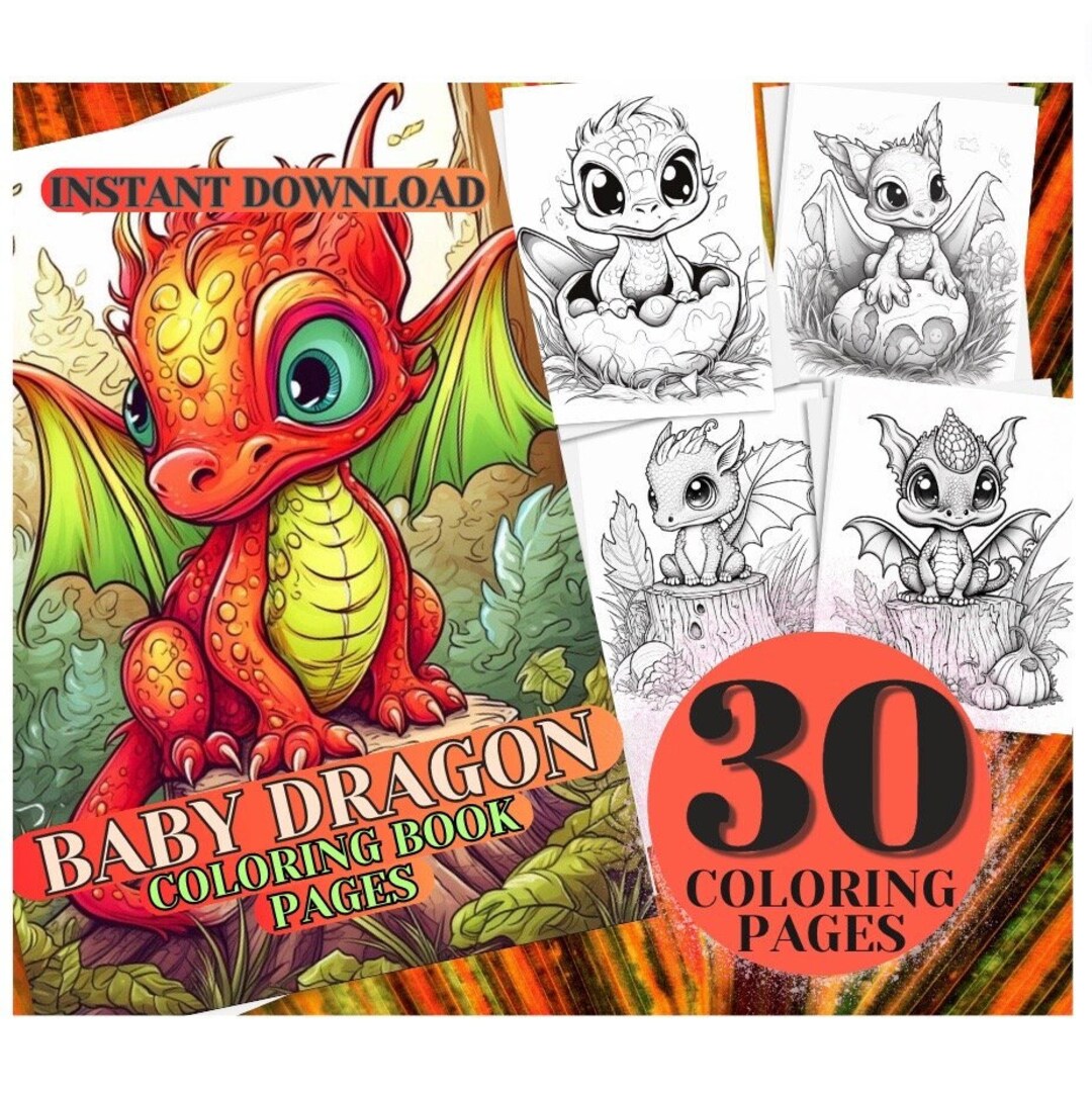30 Baby Dragon Fantasy Coloring Page Book / Instant Download Grayscale ...