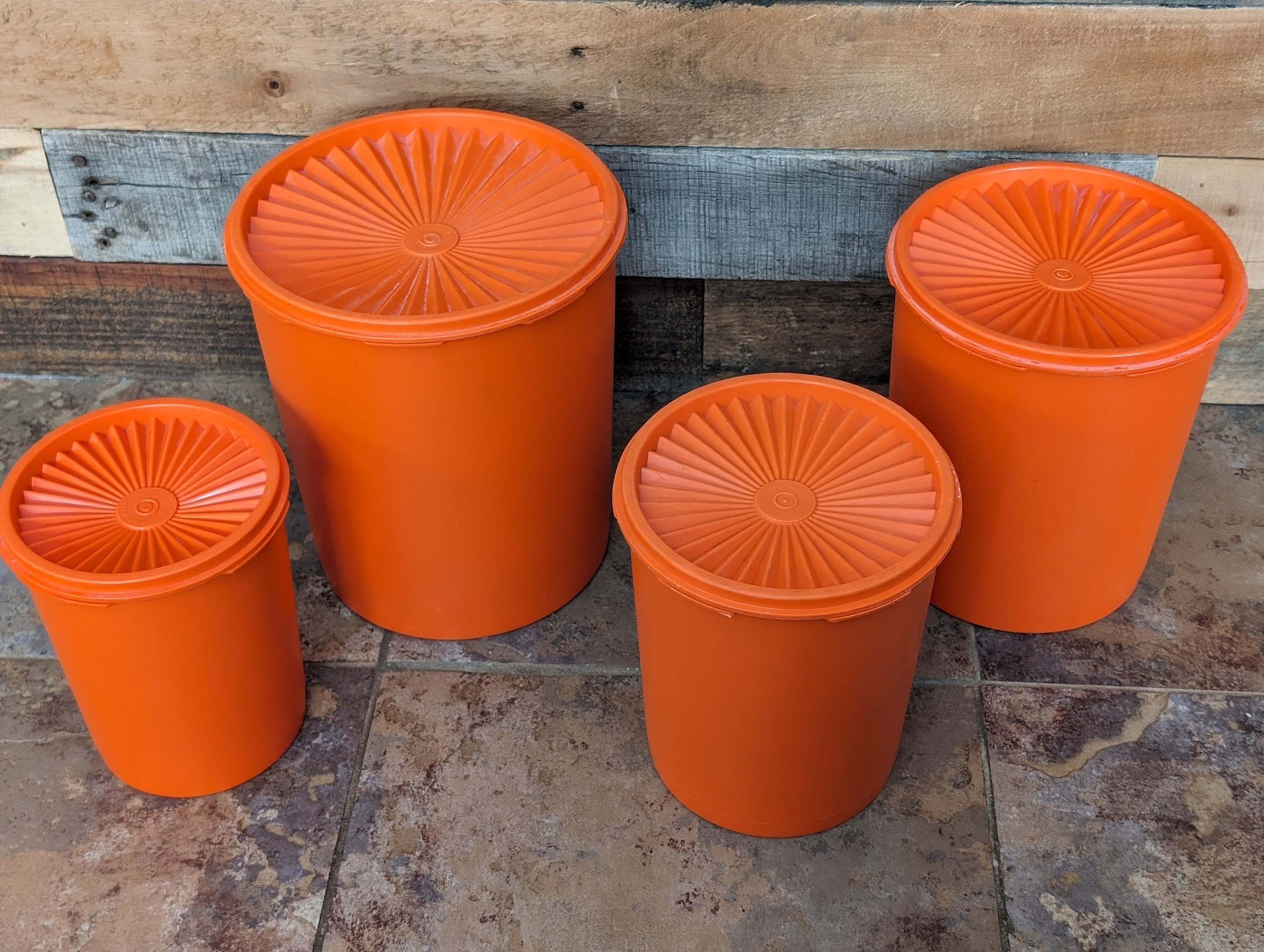 Vintage Tupperware Cylinder Canisters Set Orange With Daffodil Design ...