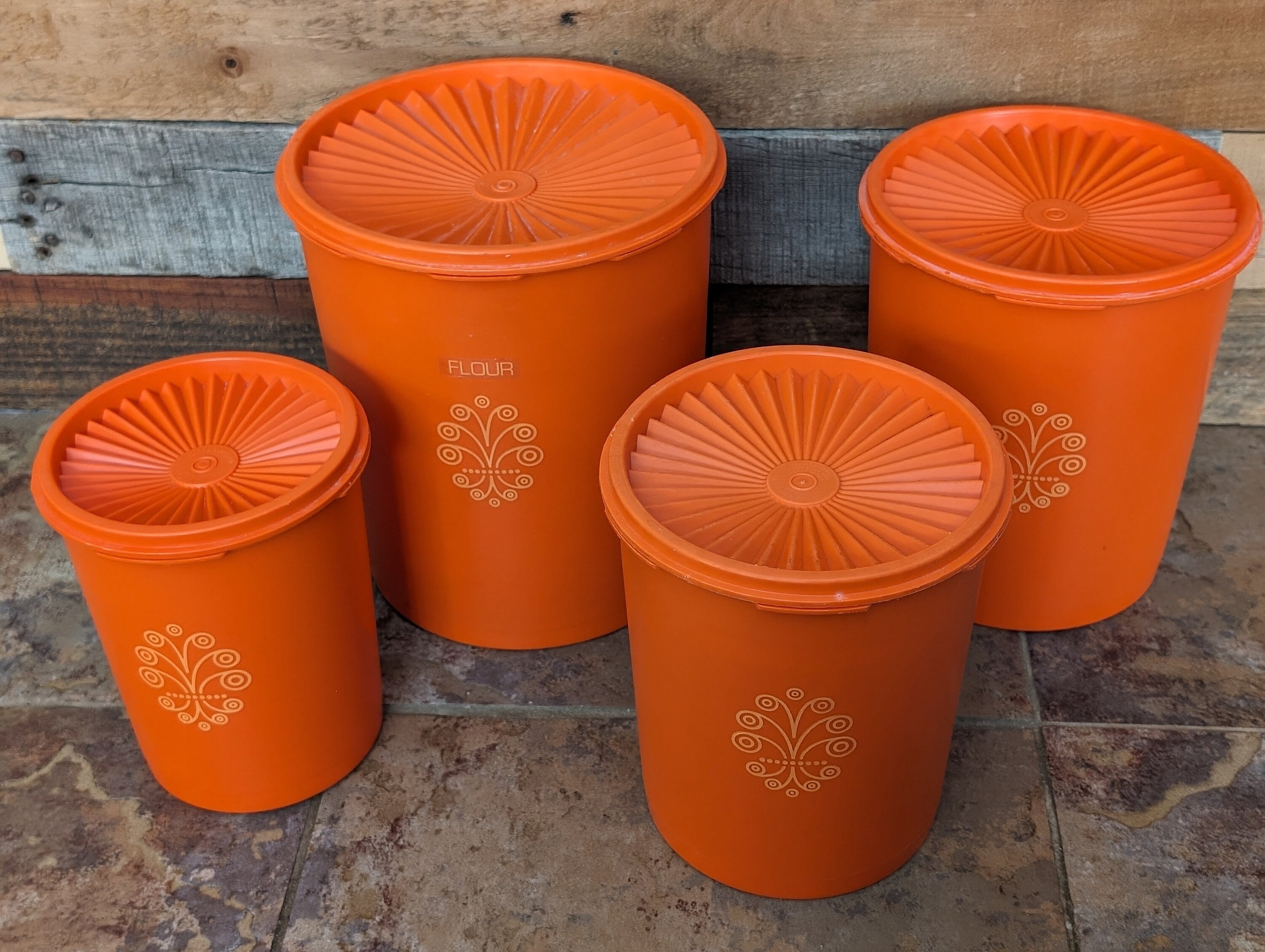 Vintage Tupperware Cylinder Canisters Set Orange With Daffodil Design ...