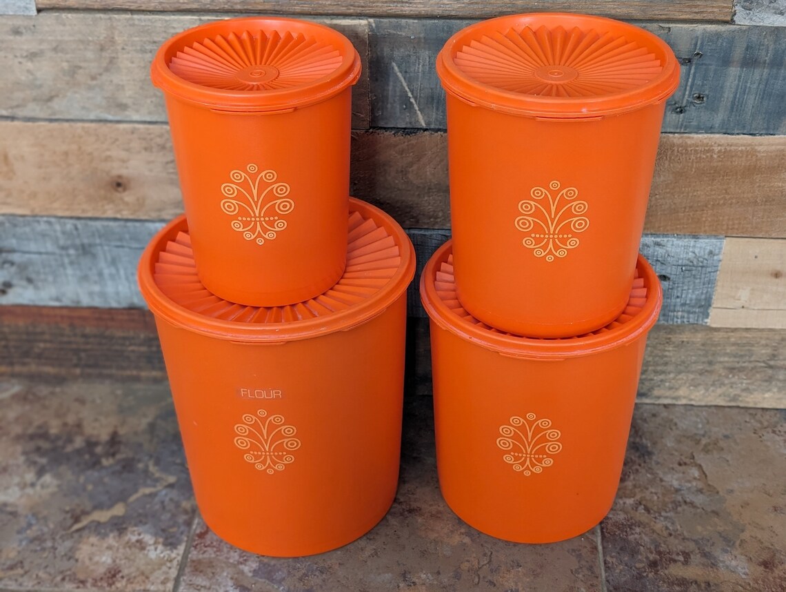 Vintage Tupperware Cylinder Canisters Set Orange With Daffodil Design ...