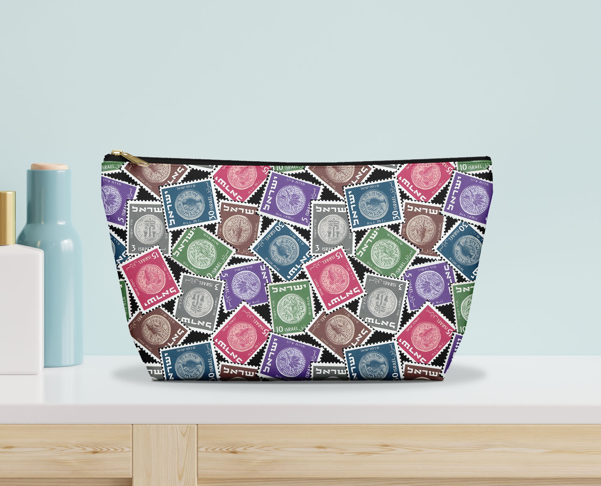 Vintage Israeli Postage Stamp Design Accessory Pouch W T-bottom, Jewish ...