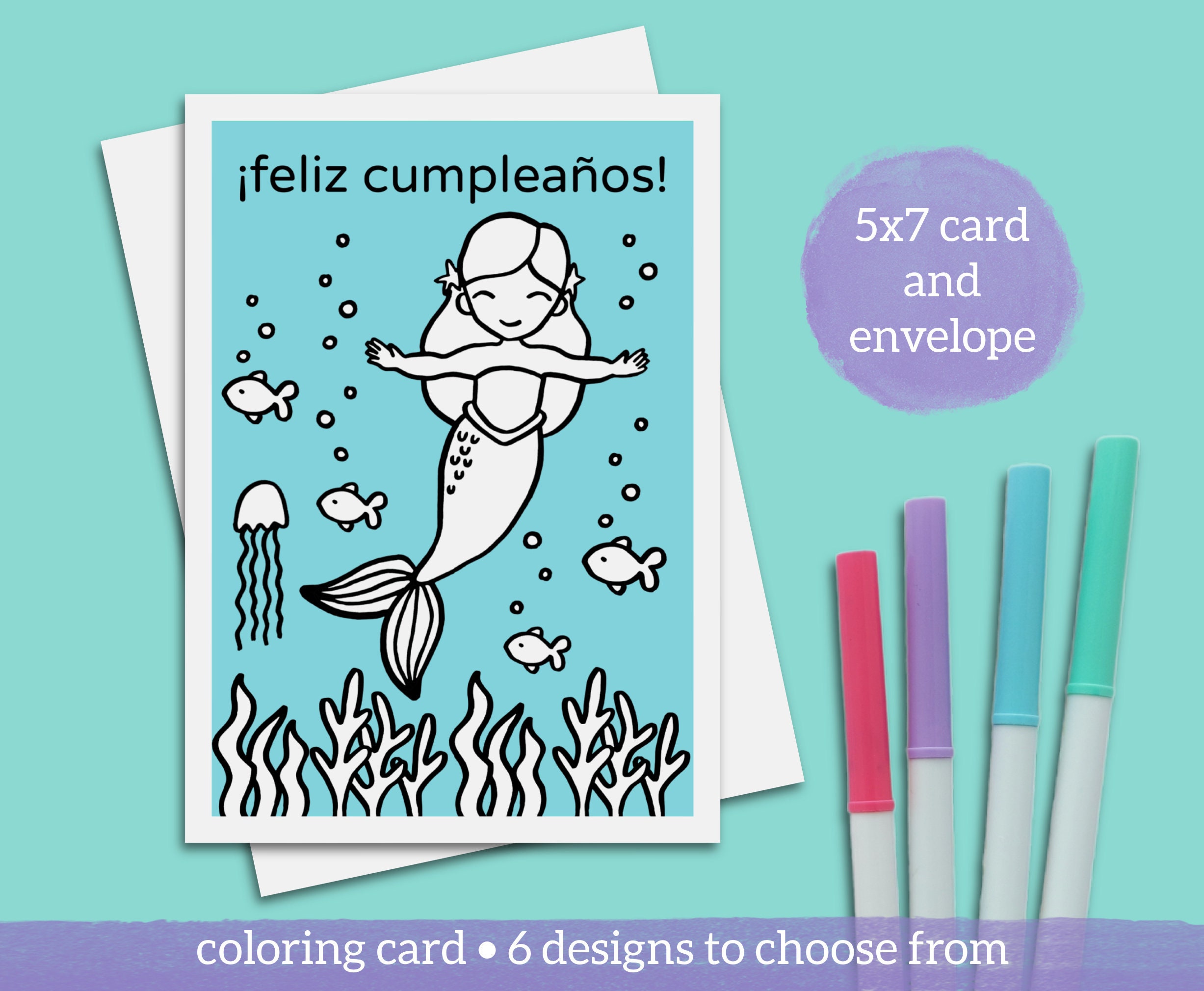 Feliz Cumpleaños Mermaid Birthday Cards in Spanish 5x7 Card to Color - Etsy