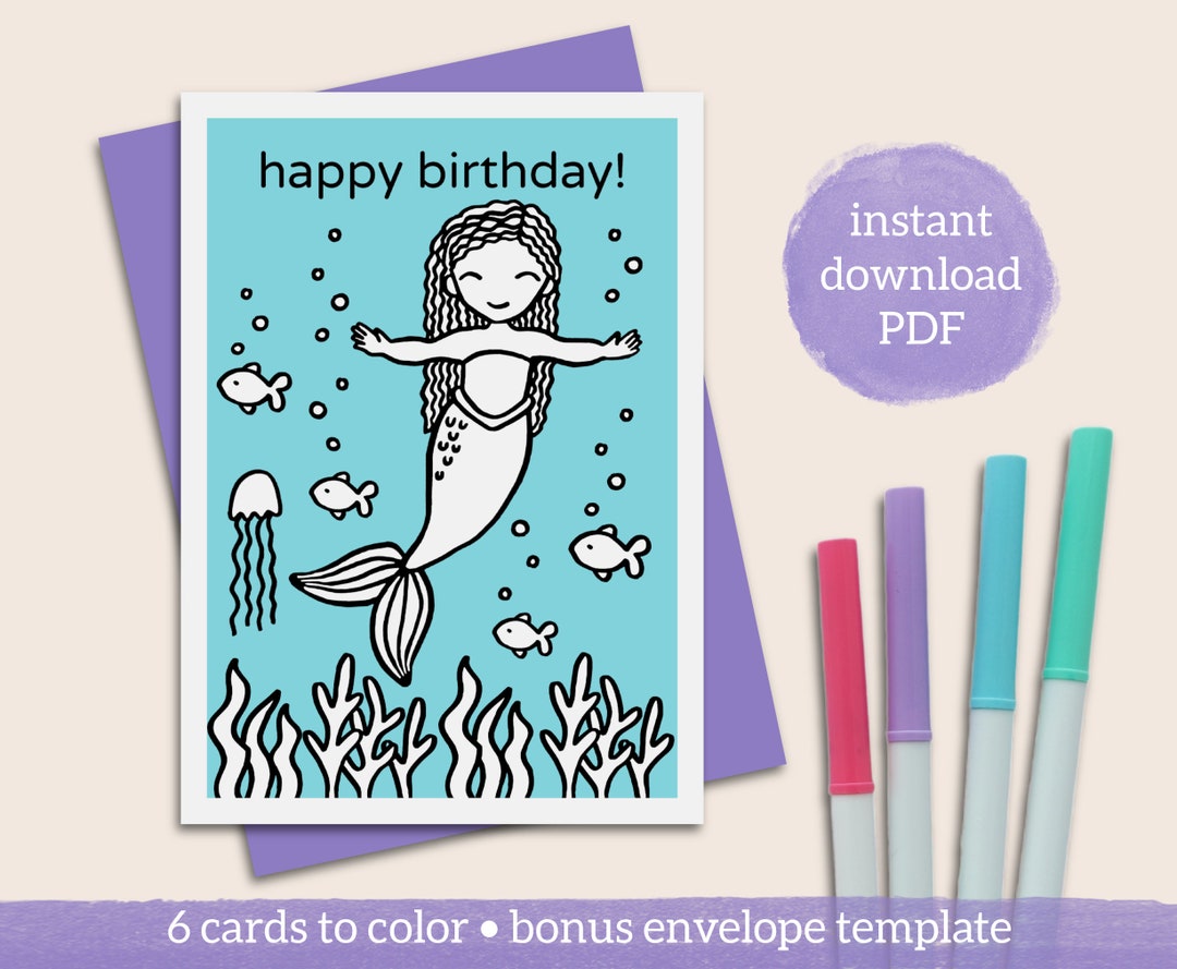 Mermaid Happy Birthday Card Printable Under the Sea 5x7 Coloring Card ...