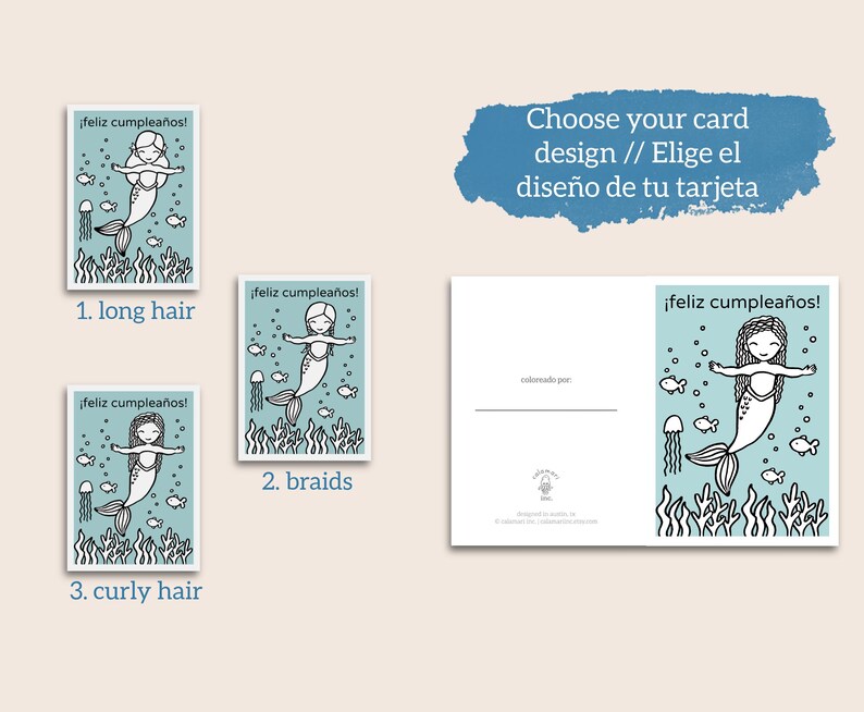 Feliz Cumpleaños Mermaid Birthday Cards in Spanish 5x7 Card to Color - Etsy