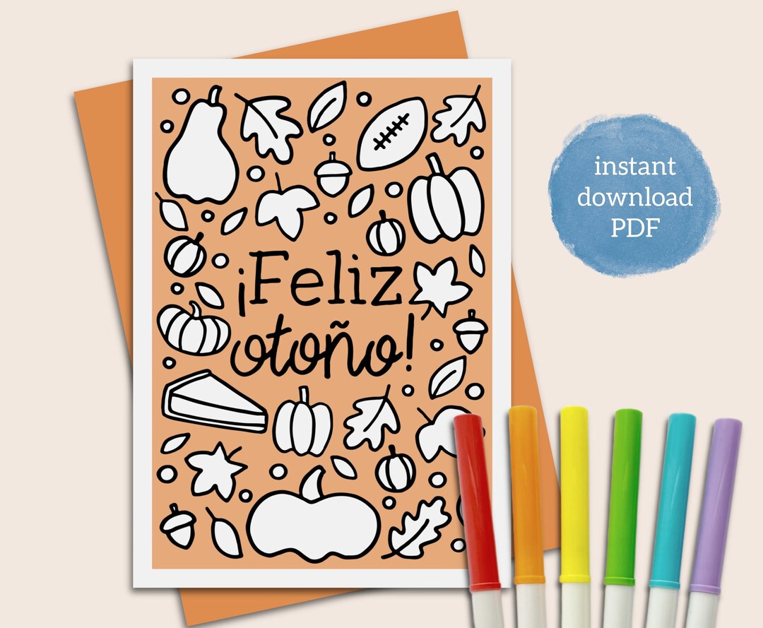 Spanish Printable Happy Fall Card Feliz Otoño Card to Color In - Etsy