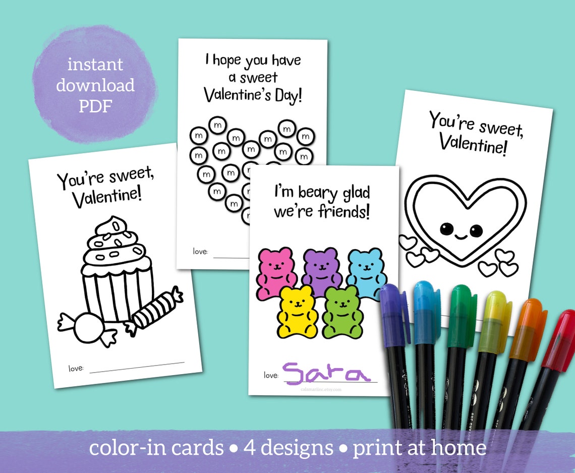 Printable Valentine Day Cards to Color PDF for Preschool With Candy ...