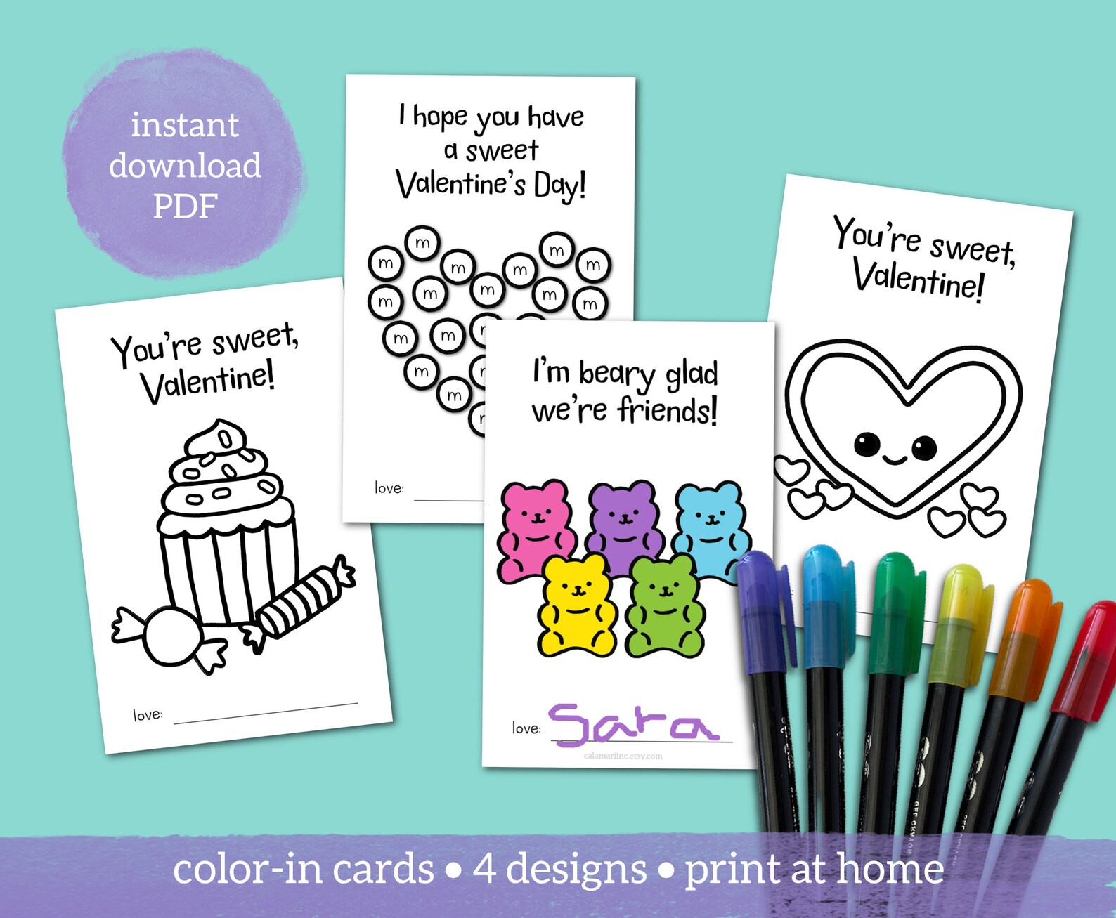 Printable Valentine Day Cards to Color PDF for Preschool With Candy ...