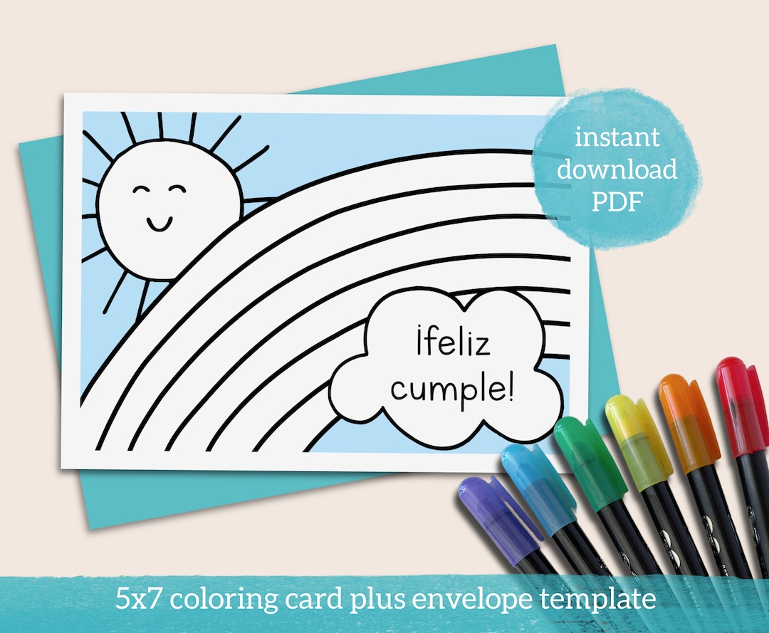 Rainbow Spanish Birthday Card Printable 5x7 Coloring Card and Envelope ...