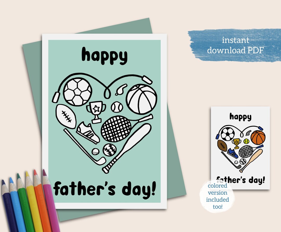 Fathers Day Baseball Soccer Football 5x7 Coloring Card 2 Designs Plus ...