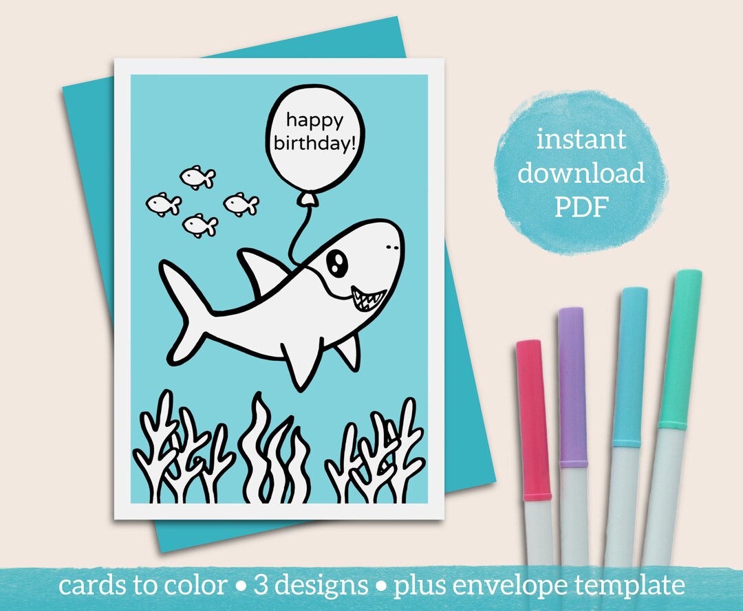 Printable Shark Birthday Coloring Card Under the Sea Jaws - Etsy