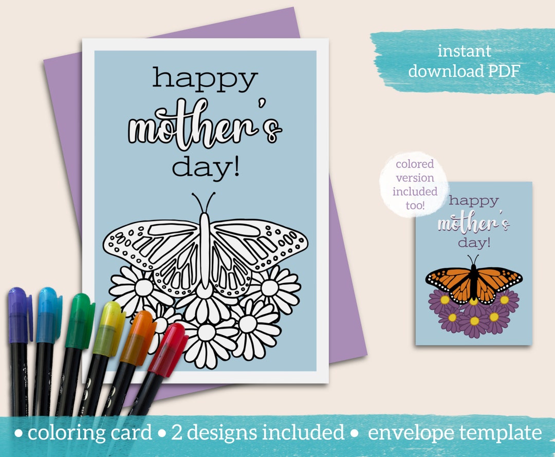 Printable Mother's Day Coloring Card Mother's Day Butterfly Card With ...