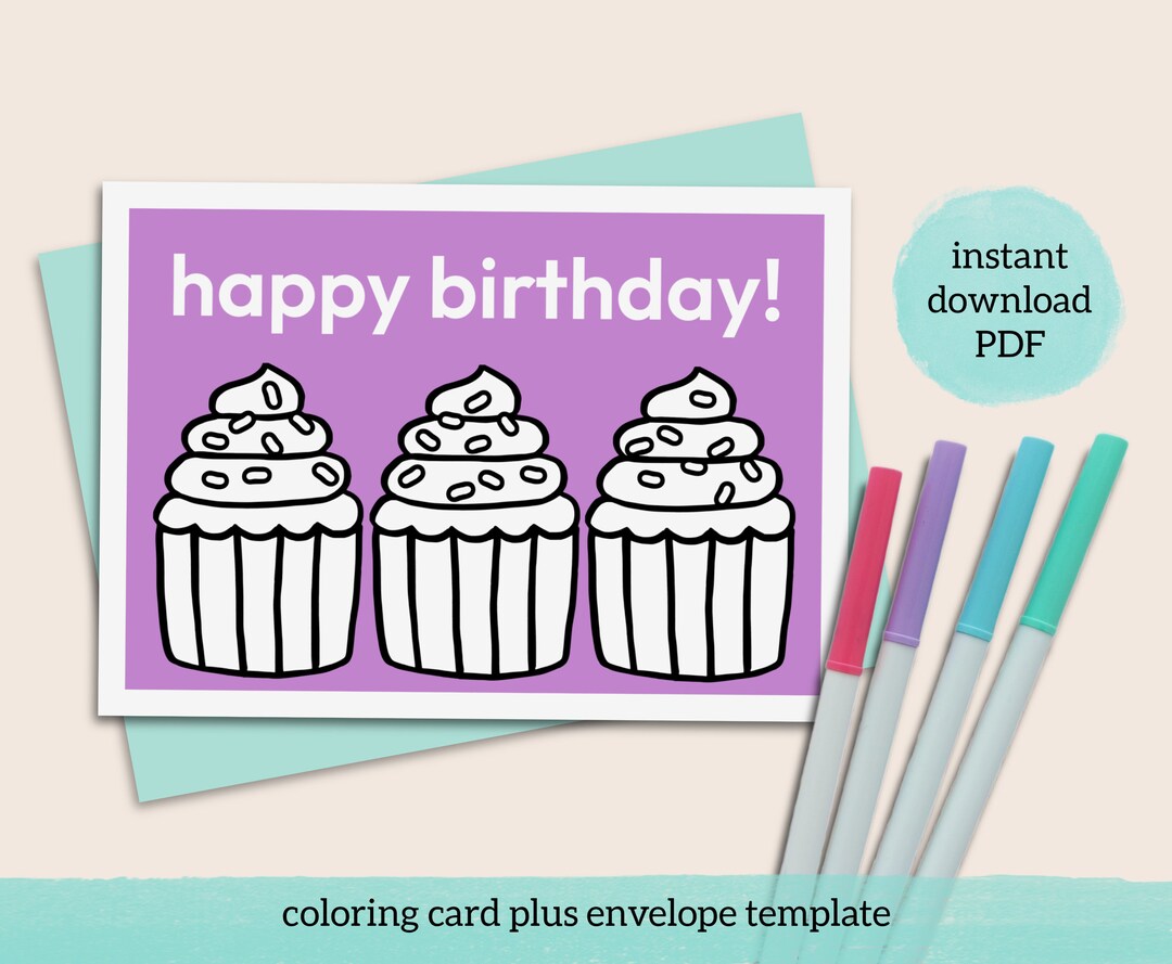 Printable Coloring Birthday Cupcake Cards PDF With 4 Card Designs Plus ...