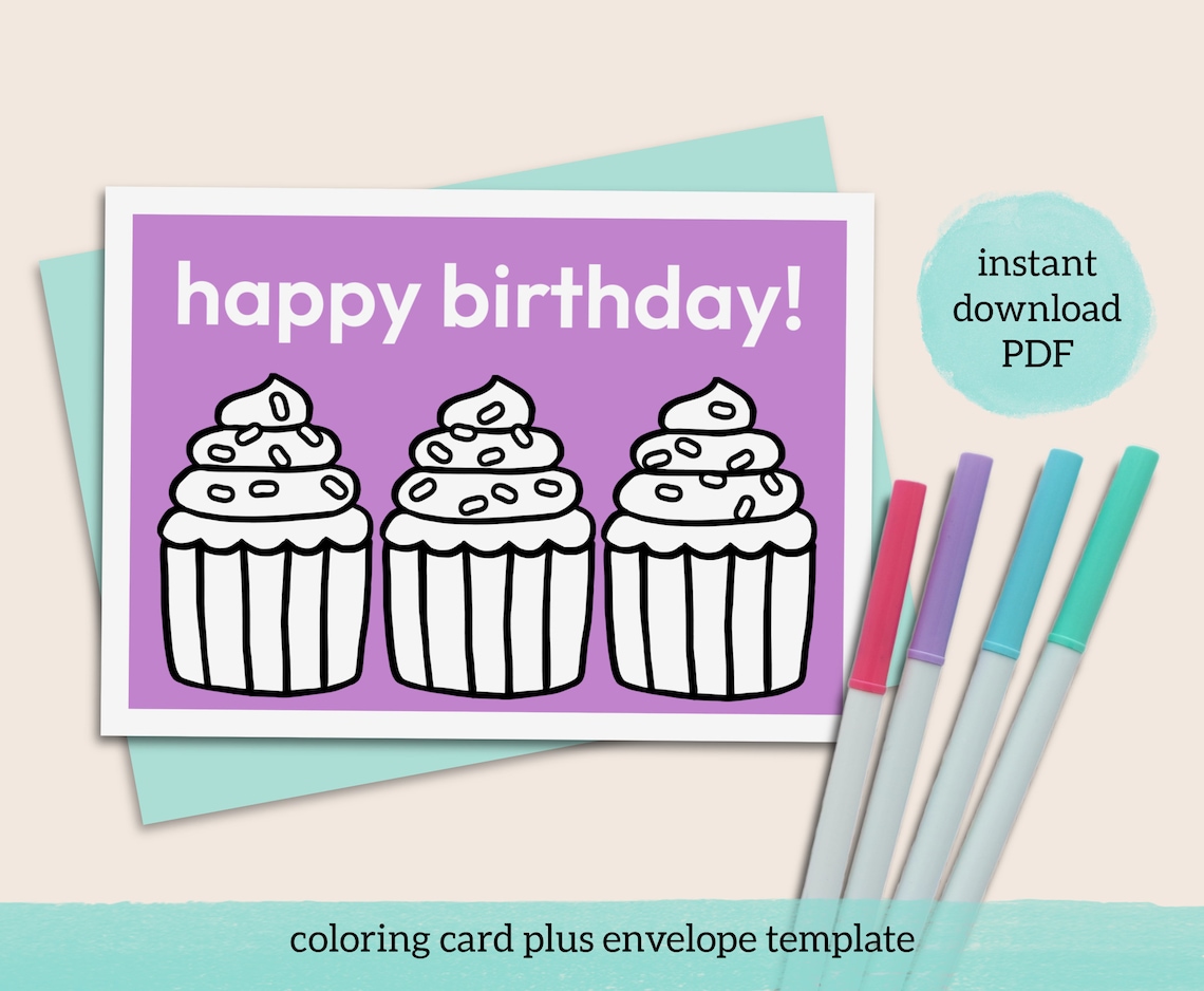 Printable Coloring Birthday Cupcake Cards PDF With 4 Card Designs Plus ...