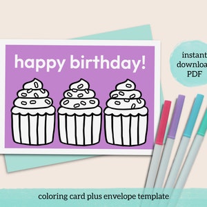 Printable Coloring Birthday Cupcake Cards PDF With 4 Card Designs Plus ...