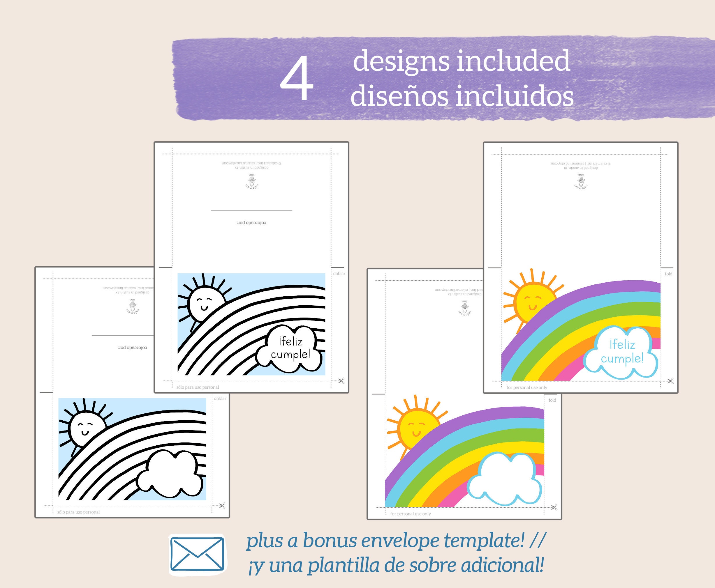 Rainbow Spanish Birthday Card Printable 5x7 Coloring Card and - Etsy