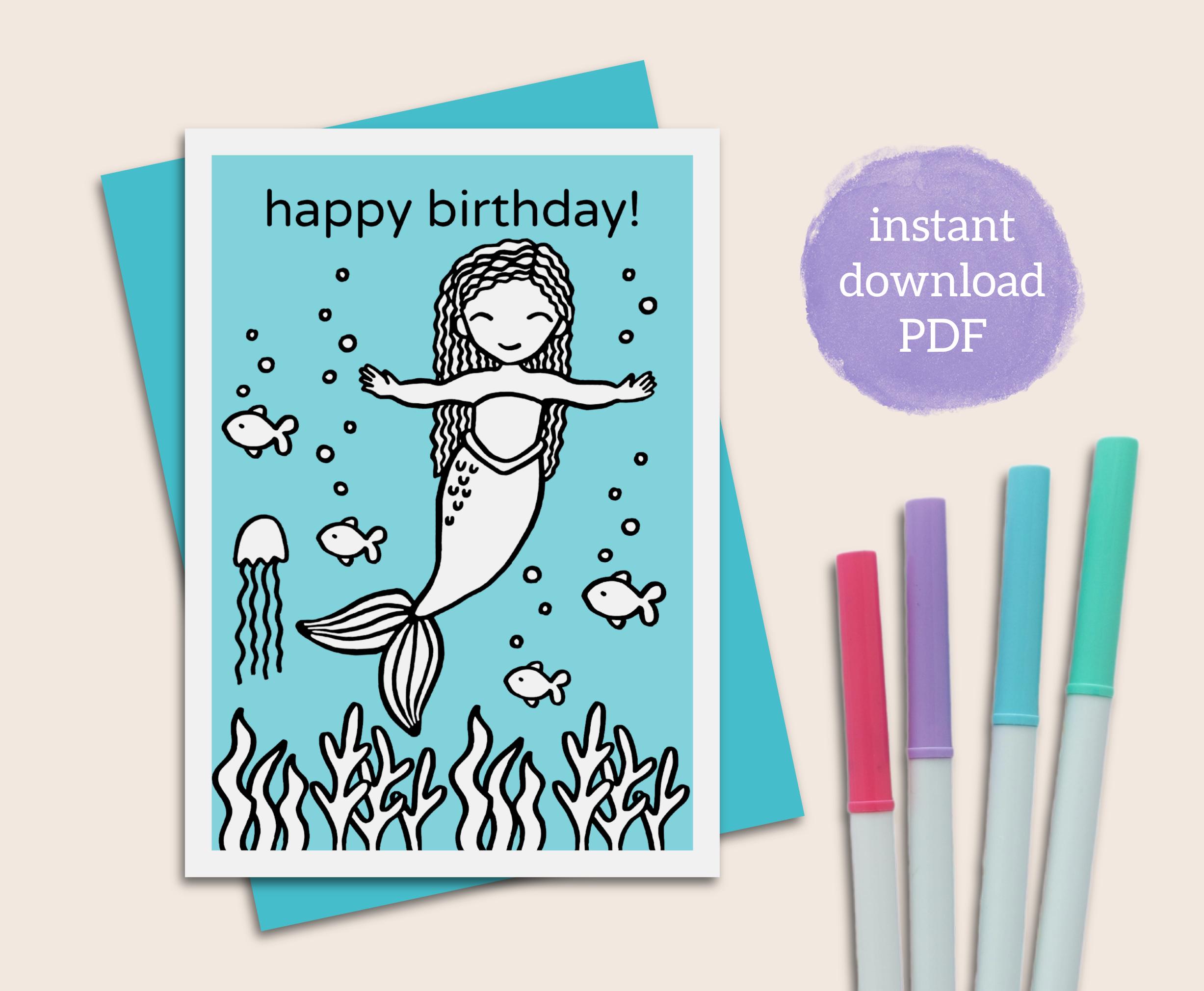 Mermaid Happy Birthday Card Printable Under the Sea 5x7 Coloring Card ...