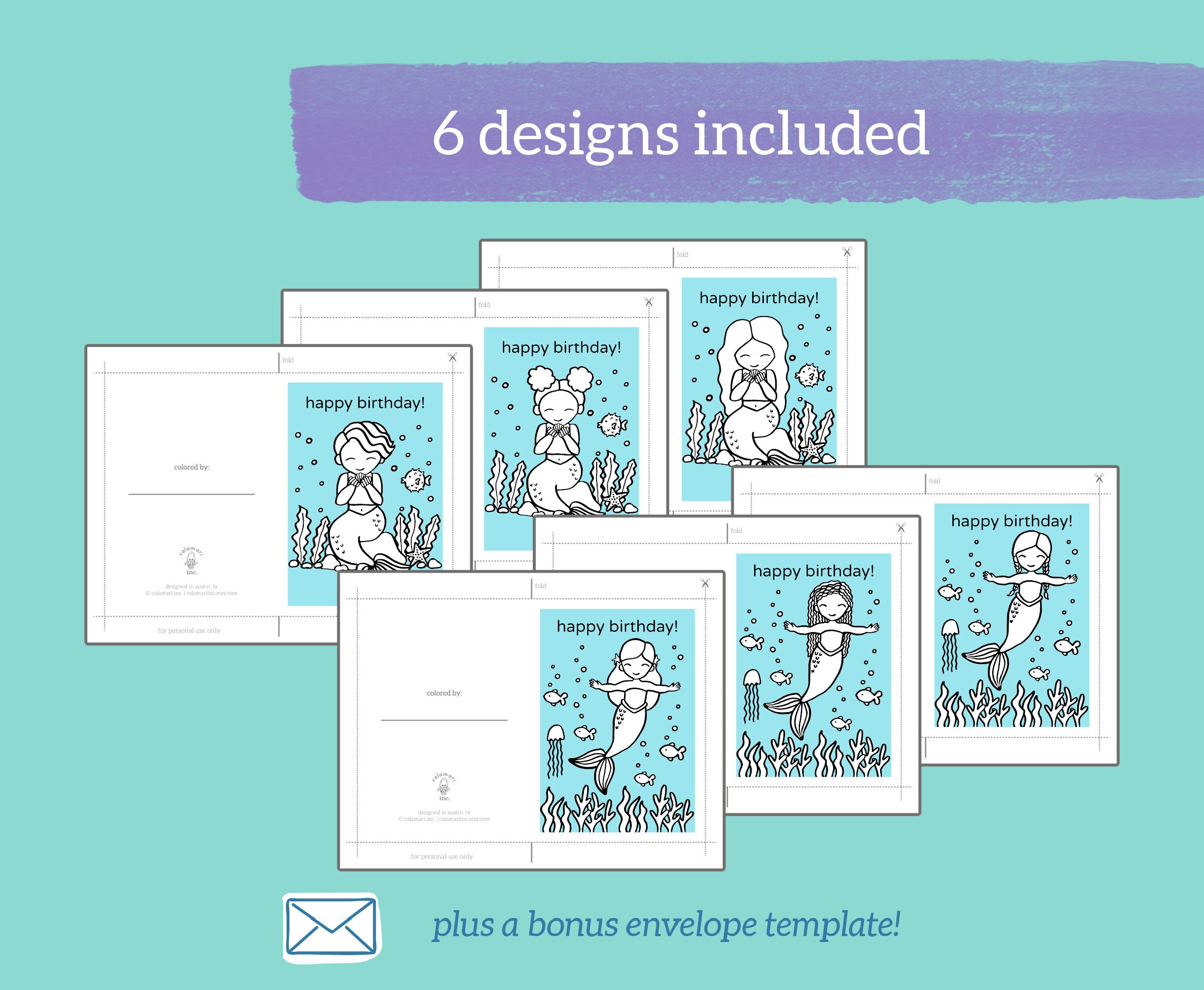 Mermaid Happy Birthday Card Printable Under the Sea 5x7 Coloring Card ...