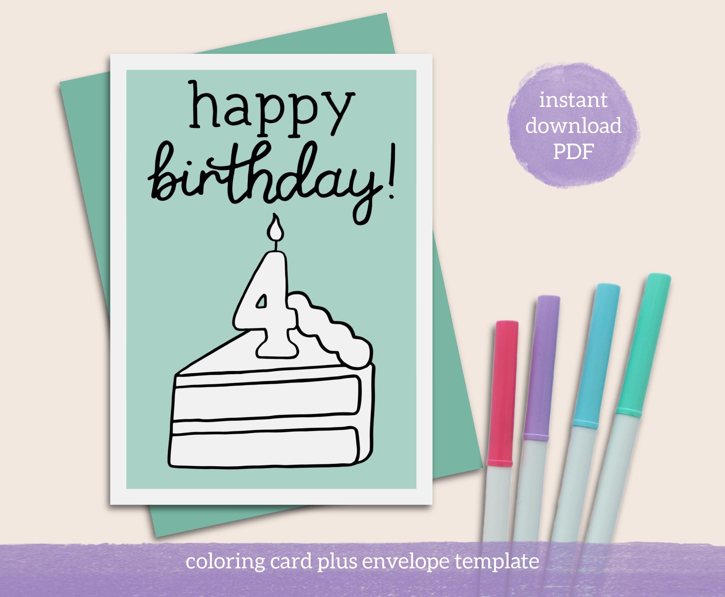 Happy 4th Birthday Card for Coloring Printable - Etsy