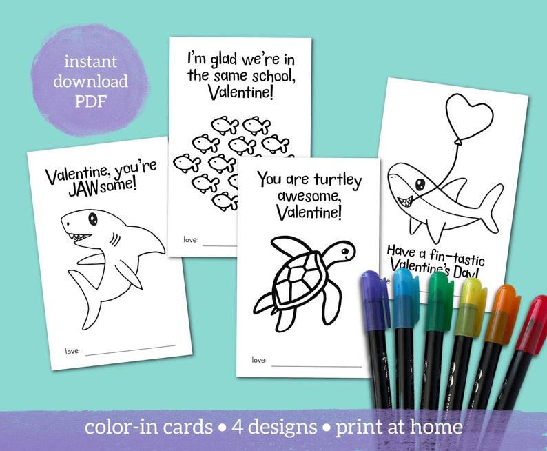 Printable Shark Valentines Day Cards Ocean Valentine Cards to Color - Etsy