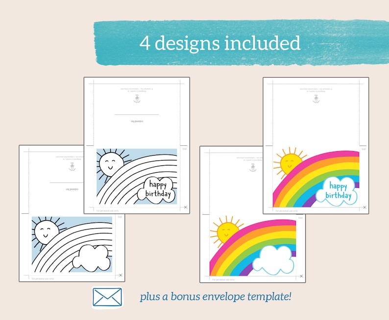 Rainbow Birthday Greeting Card Printable to Color 5x7 Card and Envelope ...