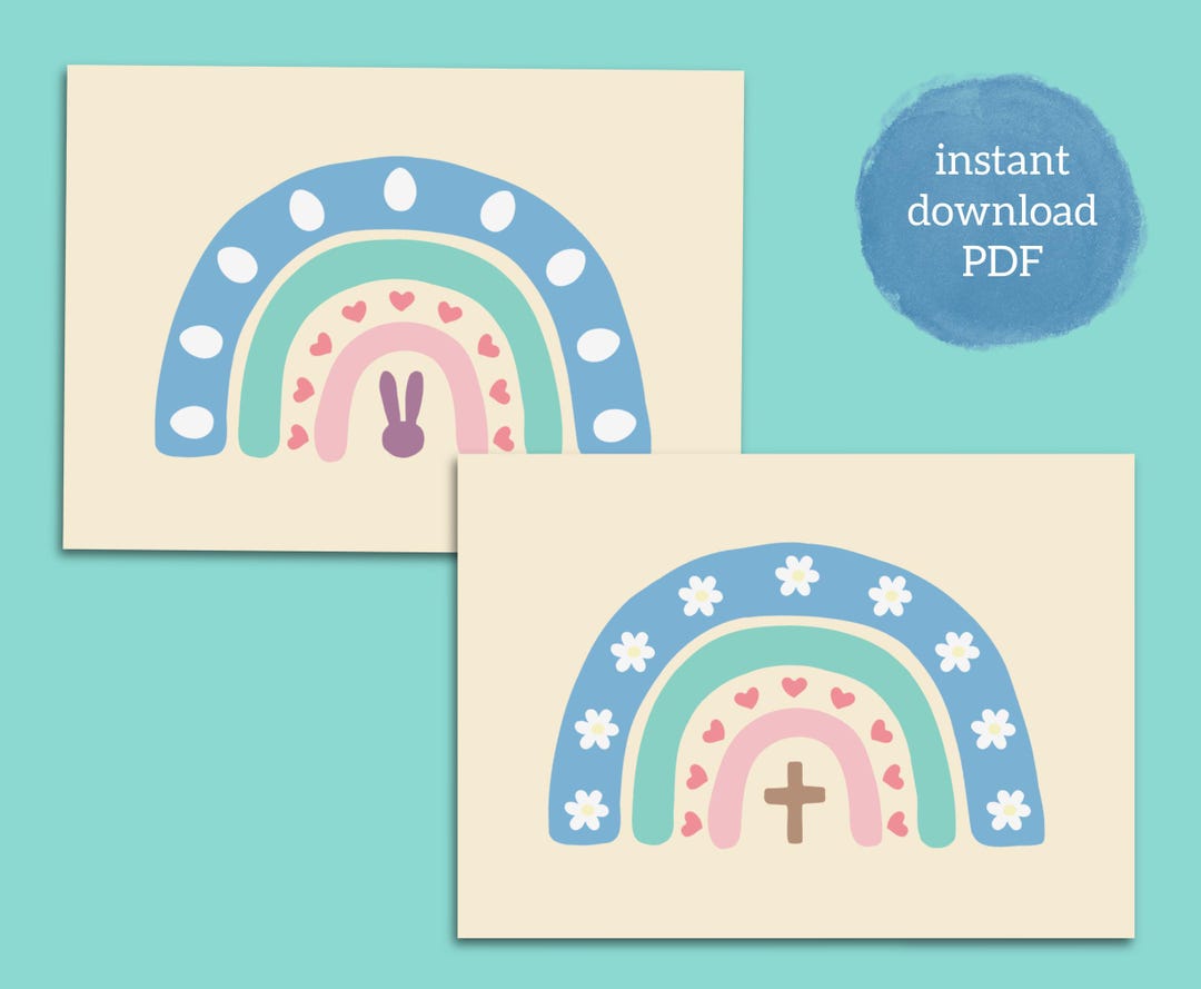 Printable Easter Cards Rainbow With Bunny or Cross Plus Envelope ...