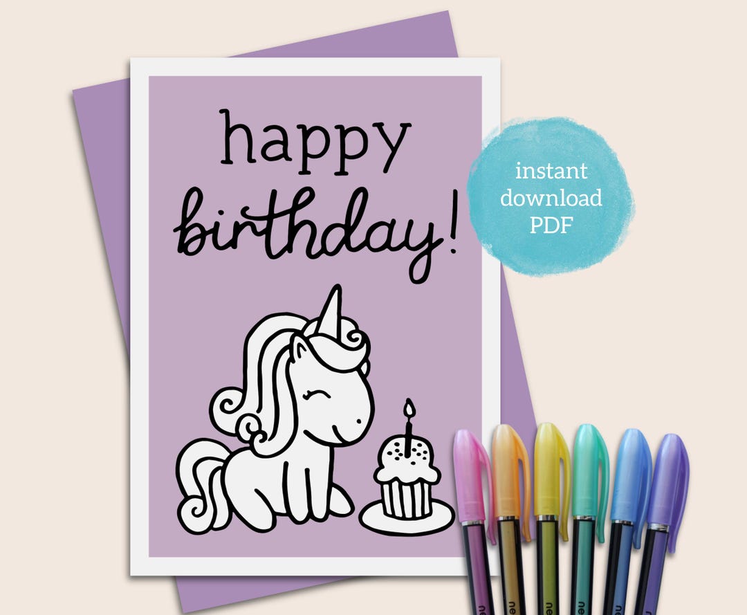 Printable Unicorn Happy Birthday Coloring Card 5x7 Printable Unicorn ...