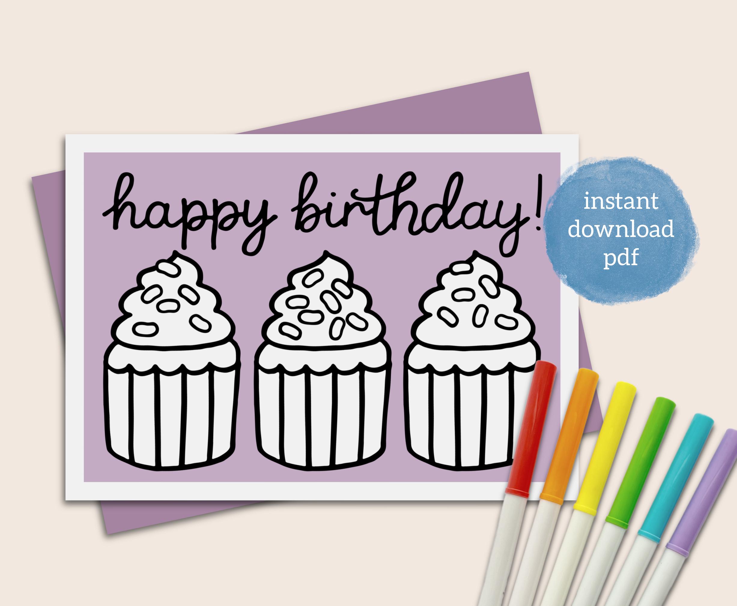 Printable Coloring Birthday Cupcake Cards PDF With 2 Card Designs Plus ...