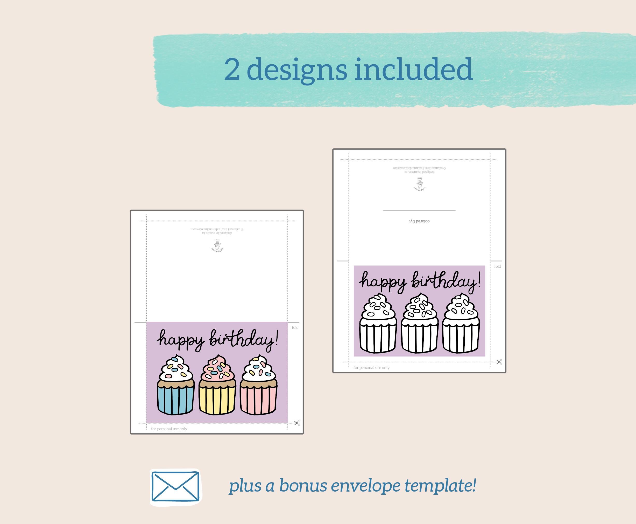 Printable Coloring Birthday Cupcake Cards PDF With 2 Card Designs Plus ...