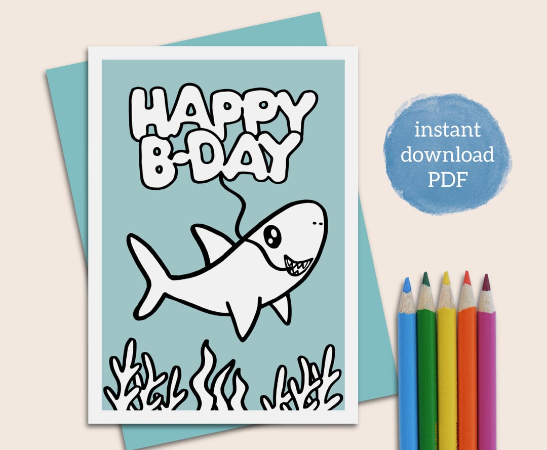 Printable Shark Birthday Coloring Card 5x7 Under the Sea Card for Jaws ...