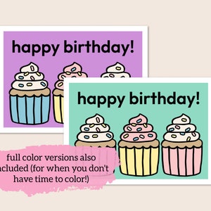 Printable Coloring Birthday Cupcake Cards PDF With 4 Card - Etsy