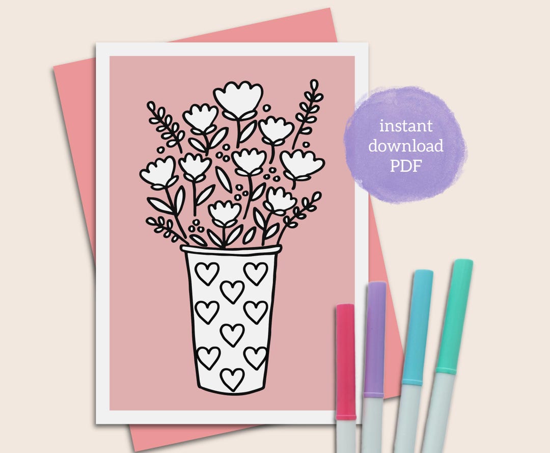 Printable Coloring Card 5x7 Blank Greeting Card With Floral Vase Plus ...