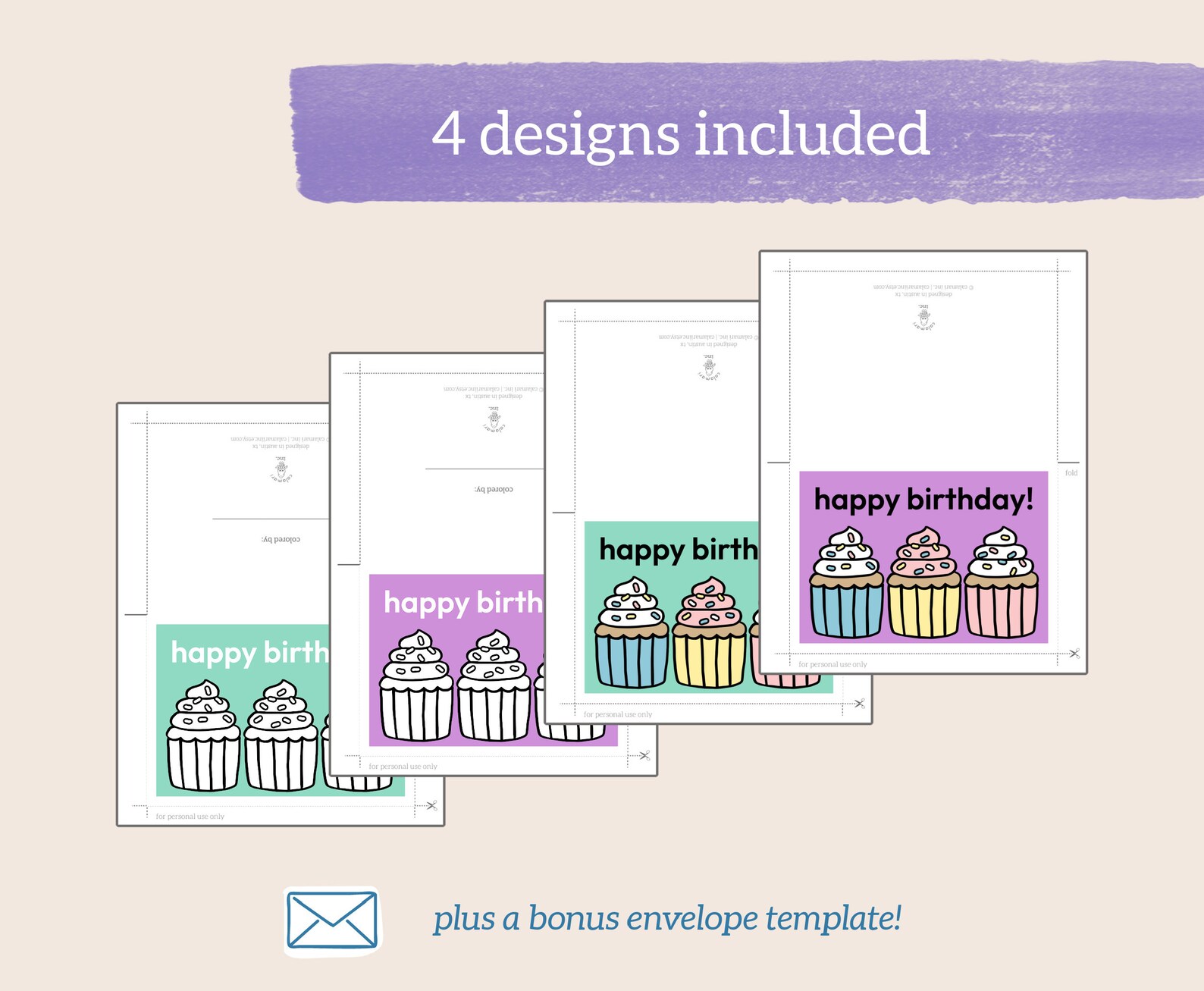 Printable Coloring Birthday Cupcake Cards PDF With 4 Card Designs Plus ...