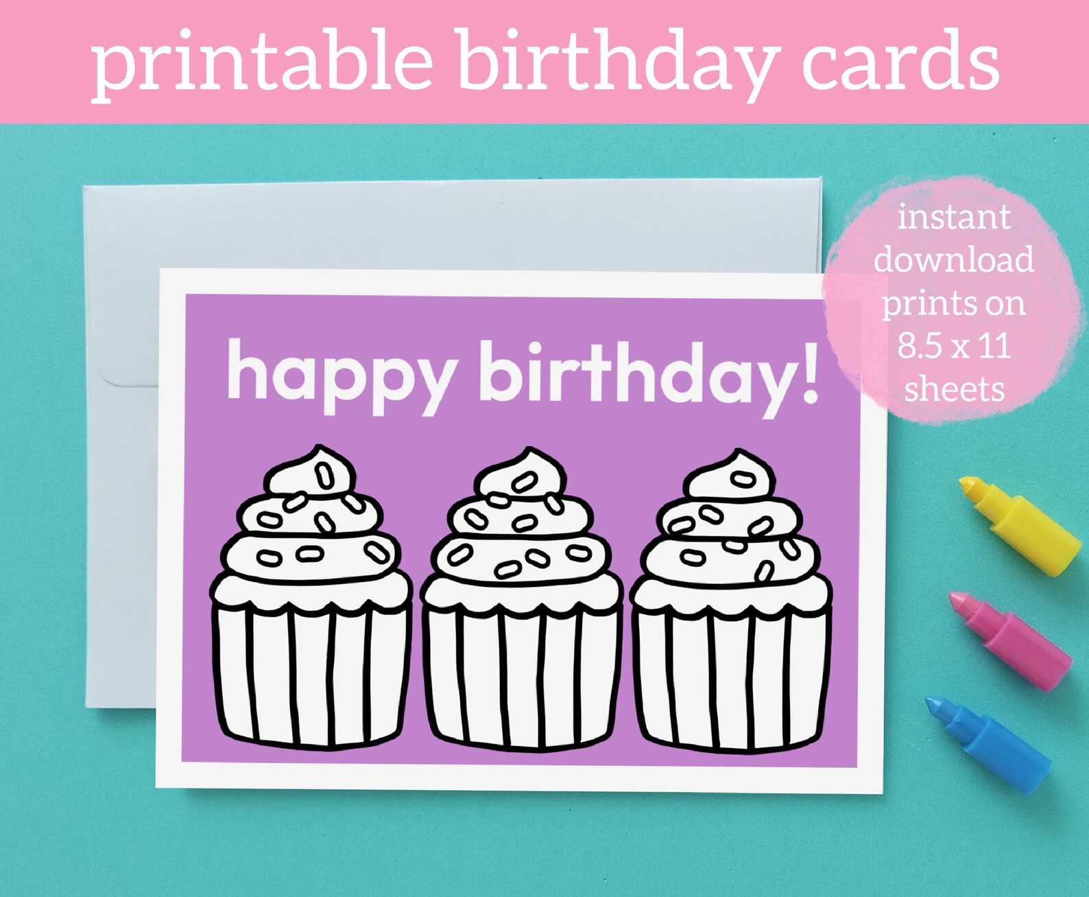 Printable Coloring Birthday Cupcake Cards PDF With 4 Card - Etsy