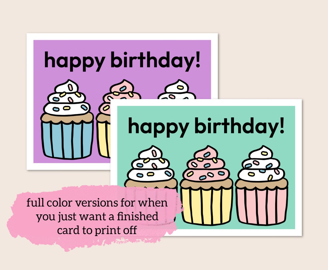 Printable Coloring Birthday Cupcake Cards PDF With 4 Card Designs Plus ...