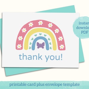 Cute Rainbow Printable Thank You Cards PDF With Envelope - Etsy