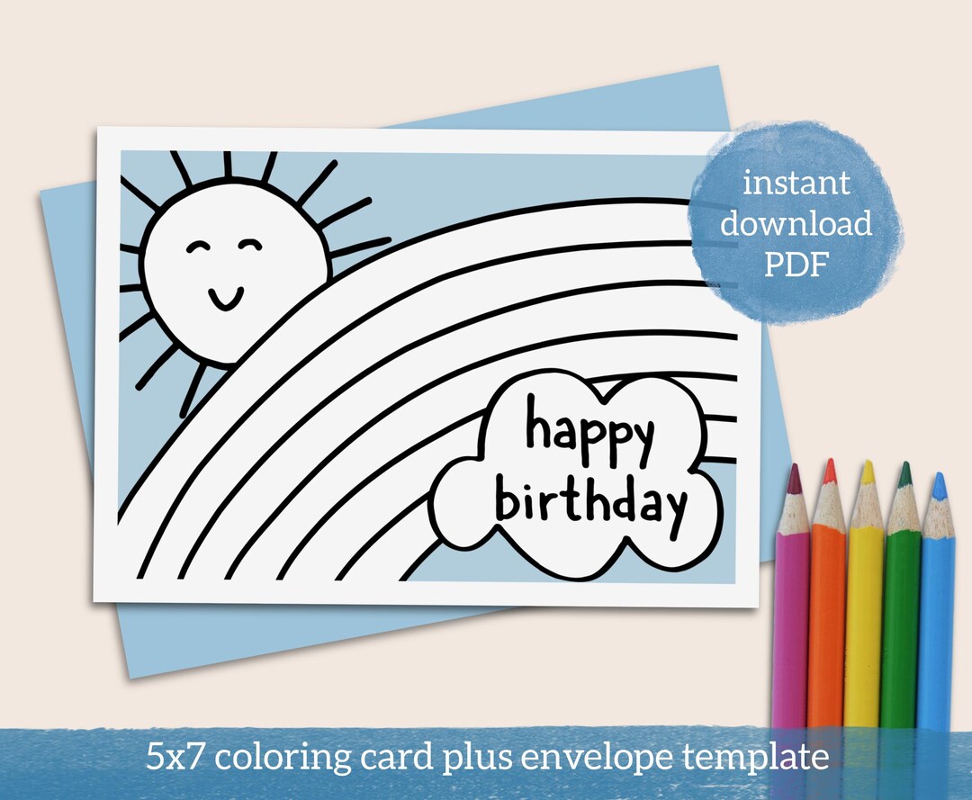 Rainbow Birthday Greeting Card Printable to Color 5x7 Card and Envelope ...