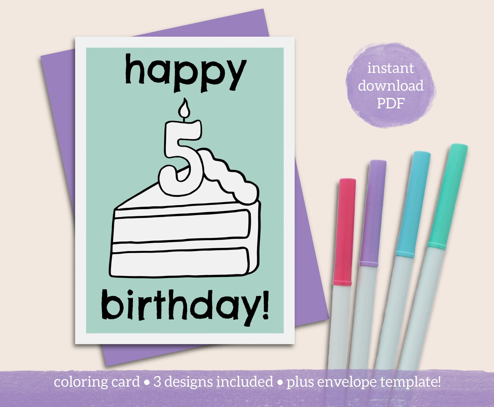 Printable Foldable 5th Happy Birthday Coloring Card 5 - Etsy