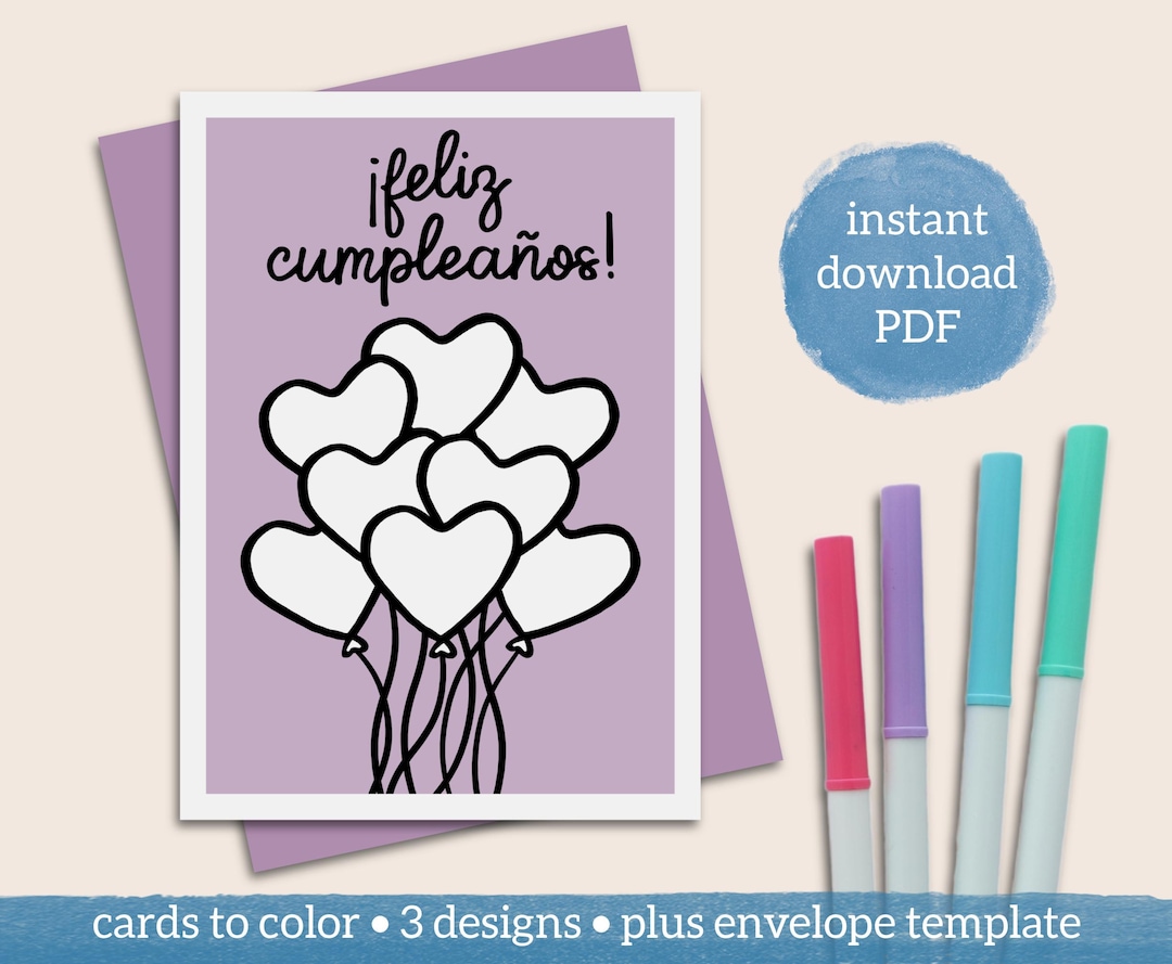 Birthday Cards in Spanish With Heart Balloons to Color for Mom Grandma ...
