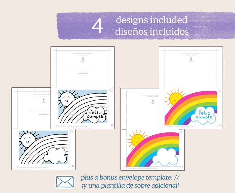 Rainbow Spanish Birthday Card Printable 5x7 Coloring Card and Envelope ...
