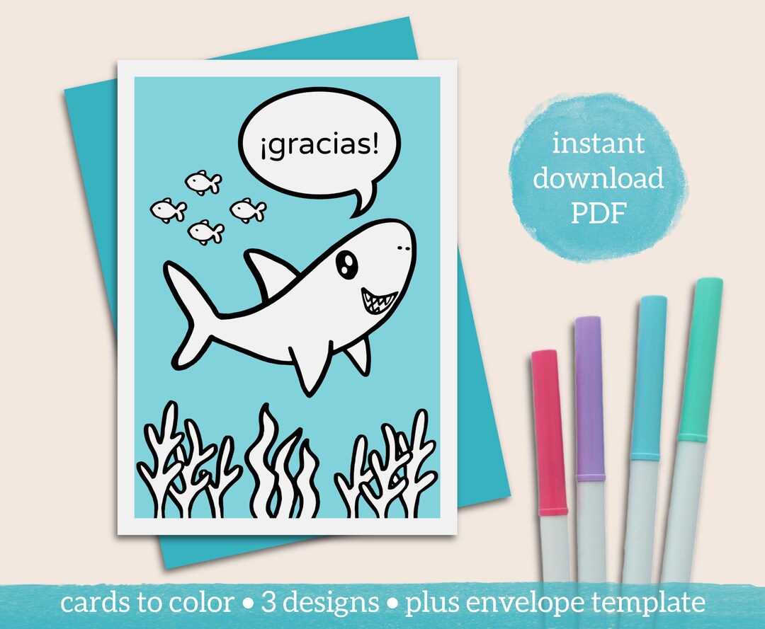 Printable Spanish Shark Thank You Cards Gracias Note Cards to Color ...