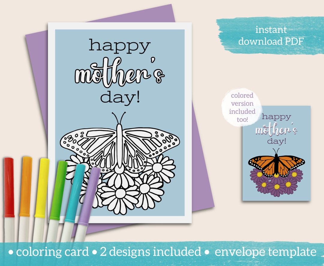 Printable Mother's Day Coloring Card Mother's Day Butterfly Card With ...