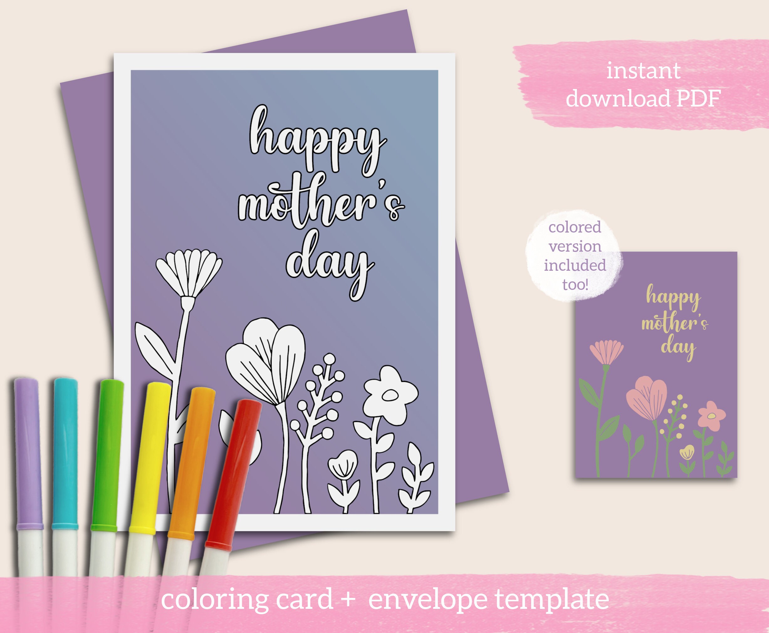 Mothers Day Coloring Cards Printable Mothers Day 5x7 Card to Color - Etsy