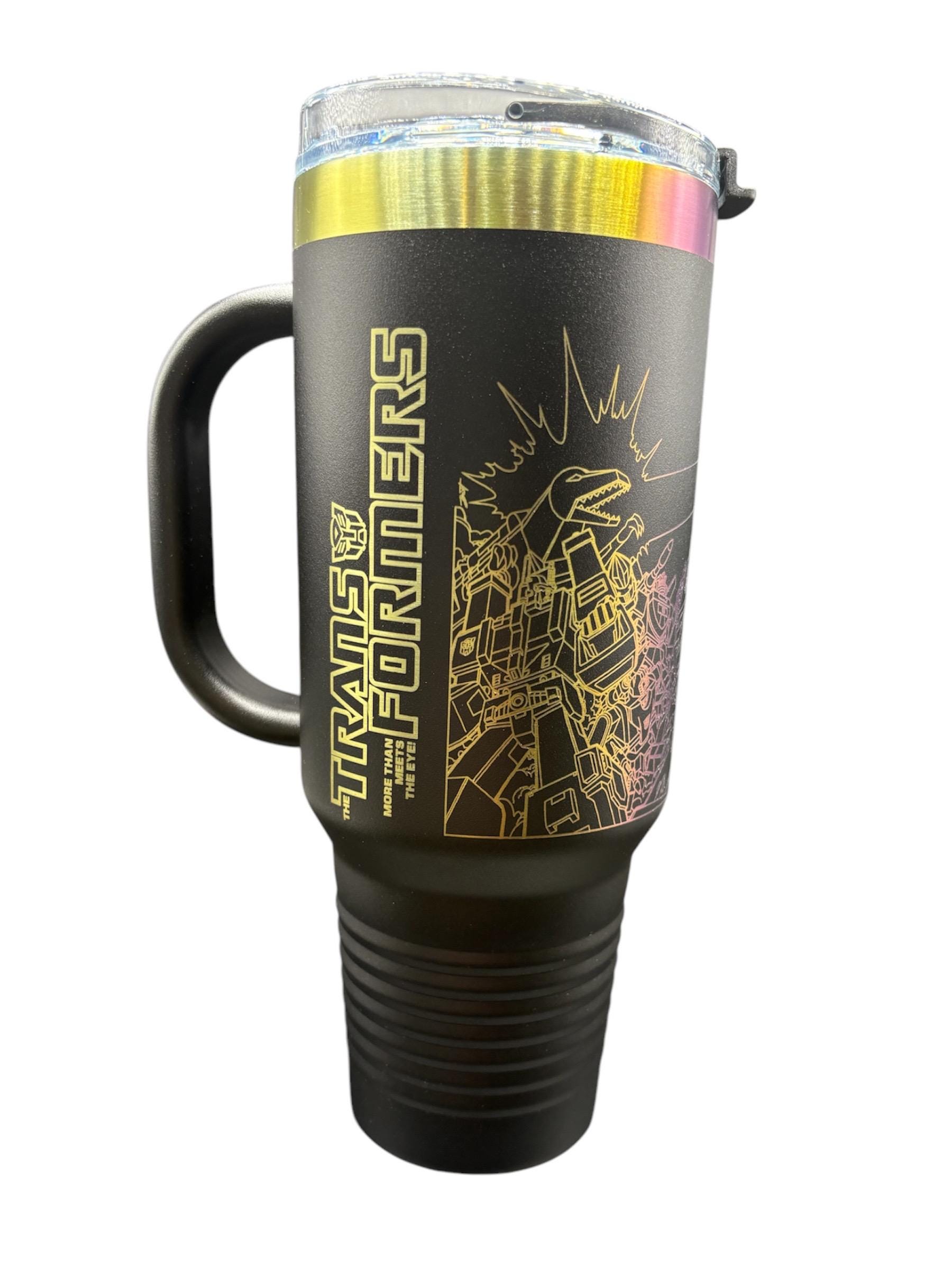 Transformers Travel Mug With Handle | Laser-etched Transformers Battle ...