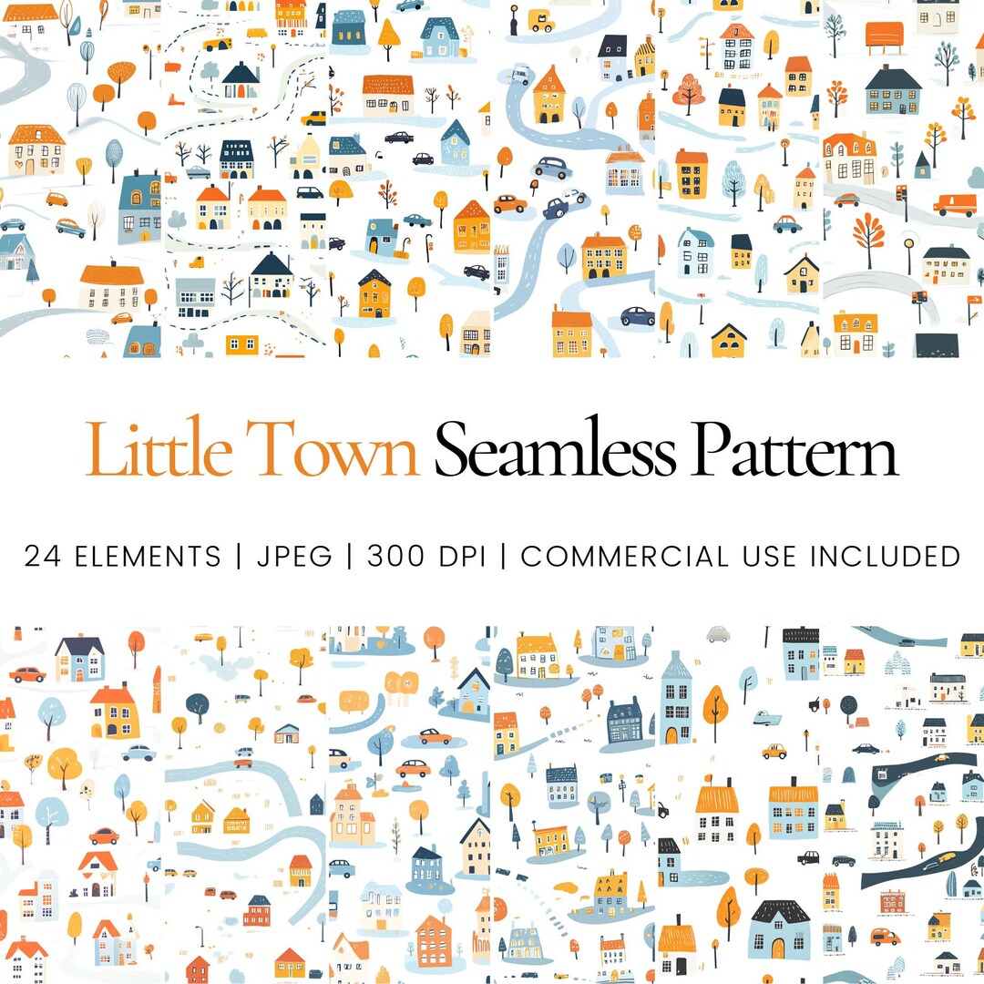 Little Town Seamless Pattern Bundle, Cute Village Digital Paper for ...