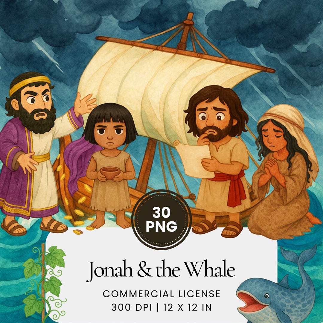 Jonah and the Whale Bible Clipart Bundle, Christian Kids Watercolor ...